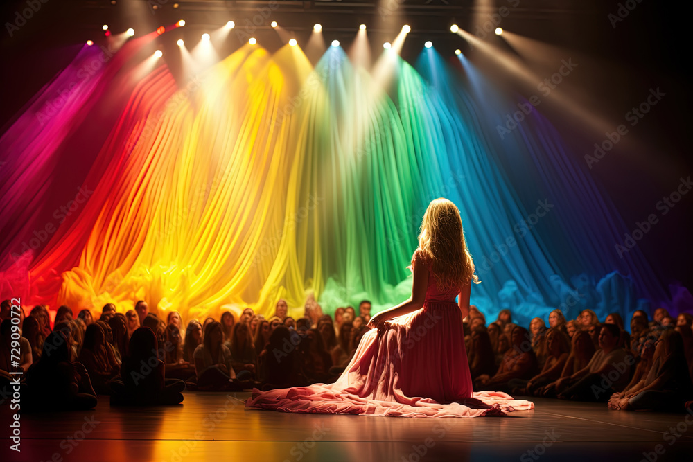 Embrace Spotlight: woman sitting gracefully on vividly lit stage as she ...
