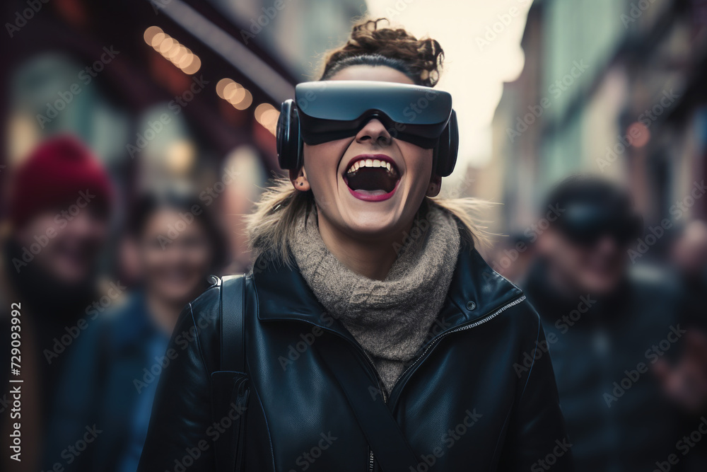 New generation woman walks along a city street among people and using ...