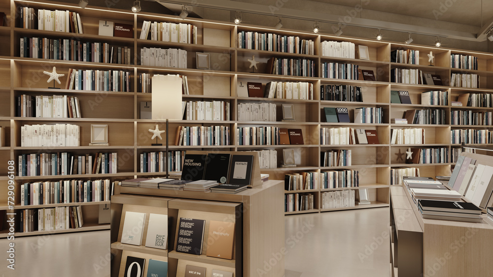 Bookcase full of books in contemporary, cozy interior book store ...