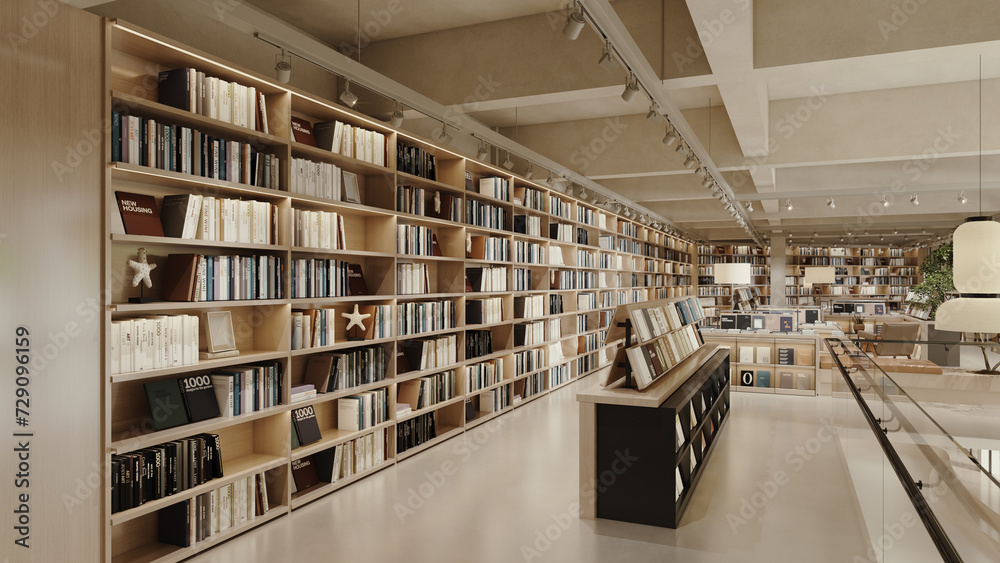 Bookcase full of books in contemporary, cozy interior book store ...
