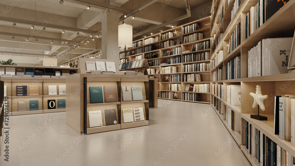 Bookcase full of books in contemporary, cozy interior book store ...