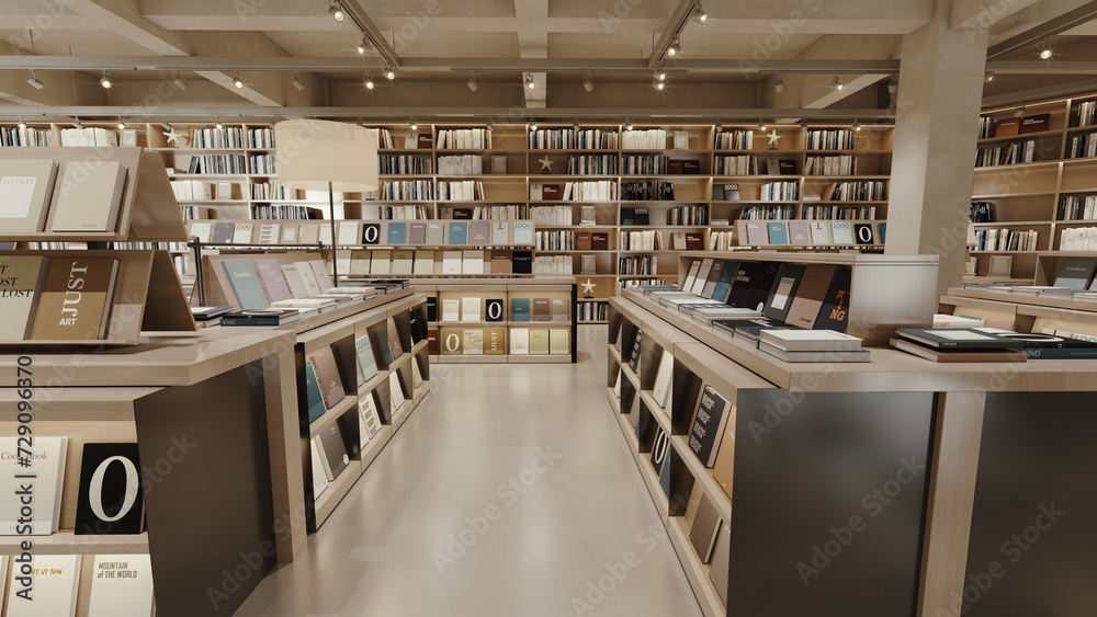 Bookcase full of books in contemporary, cozy interior book store ...