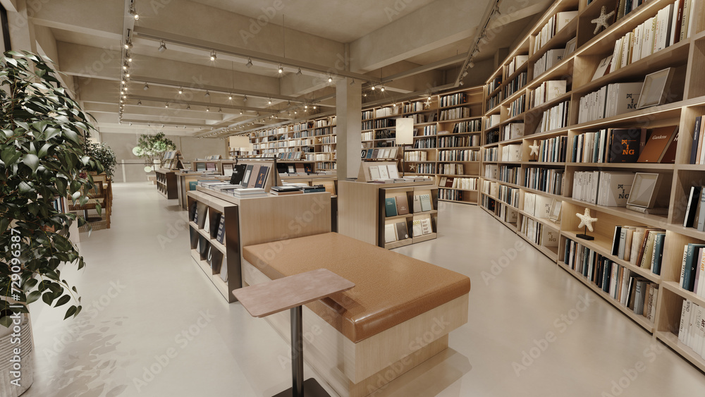 Bookcase full of books in contemporary, cozy interior book store ...
