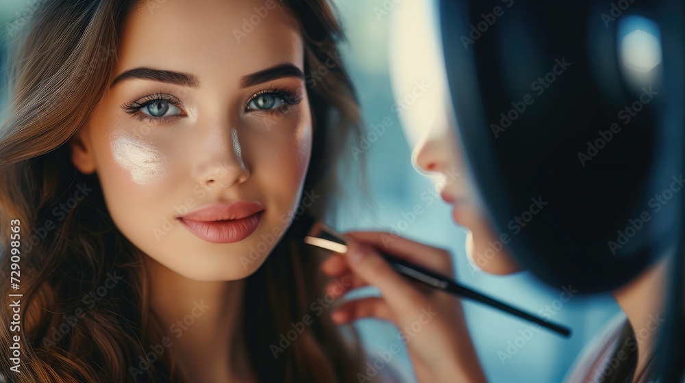 Makeup process, makeup artist using brush and compact powder and colors ...