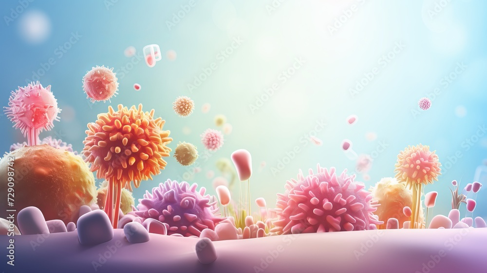 Microbial life concept diverse bacteria colony on pastel background for ...
