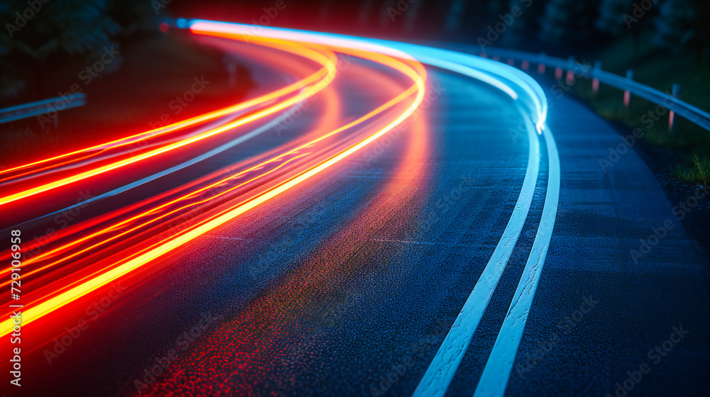 Nighttime traffic scene with light trails and fast-moving cars ...