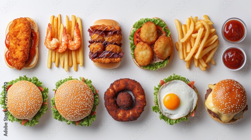 Fried chicken, fries, pizza, sandwiches, nuggets, eggs and bacon ...