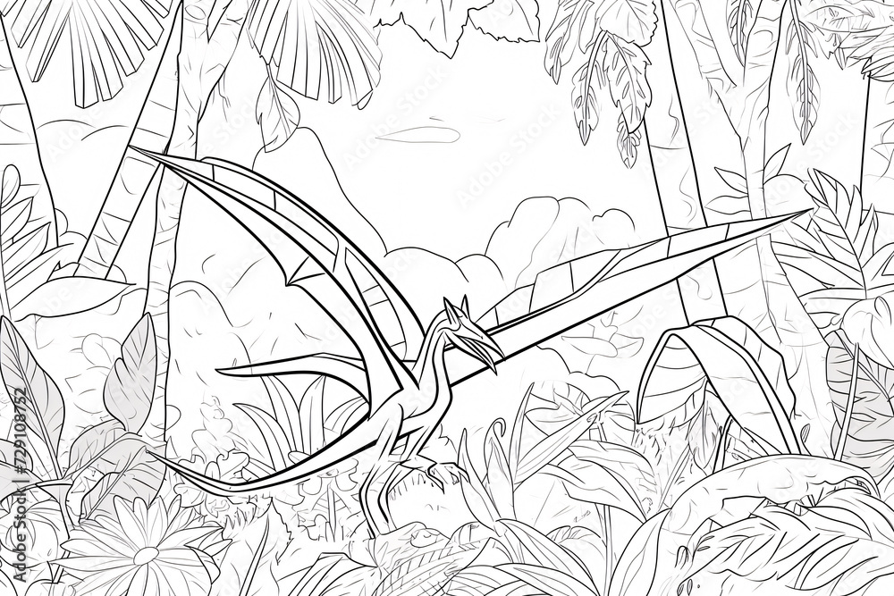 Pteranodon Dinosaur Black White Linear Doodles Line Art Coloring Page ...
