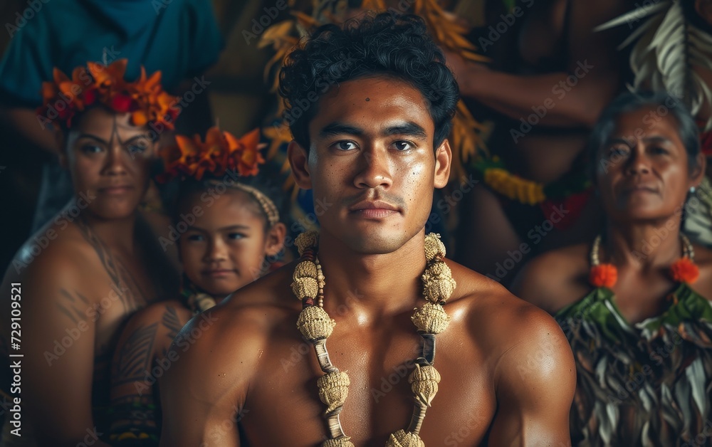 Portrait of a Samoan man with a bare torso and a traditional wreath ...