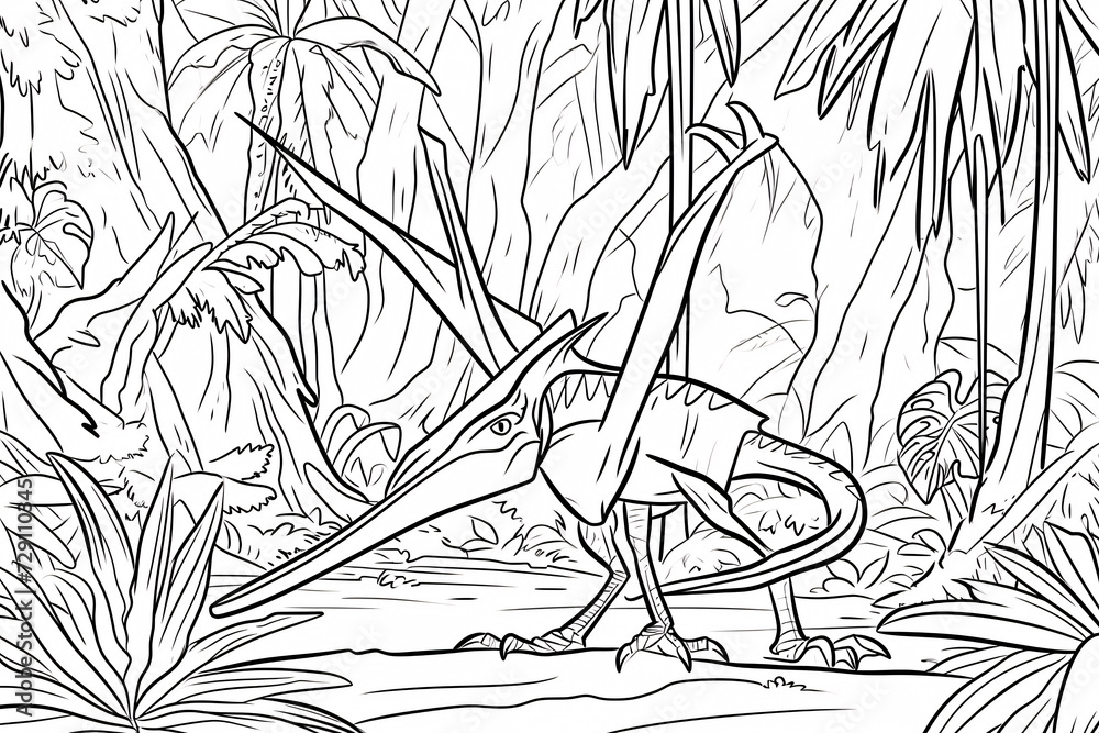 Pteranodon Dinosaur Black White Linear Doodles Line Art Coloring Page ...