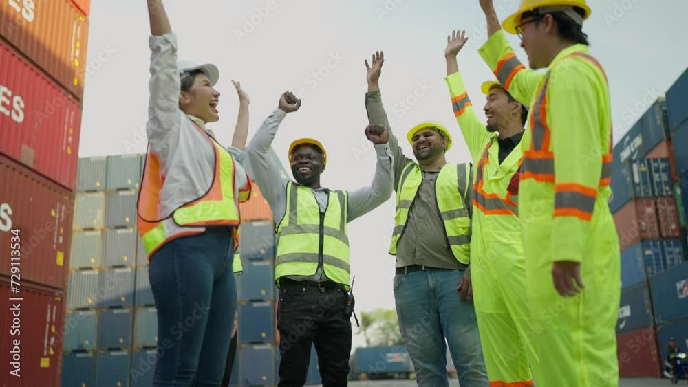 Multiracial team of engineer and foreman in hardhat and safety uniform ...
