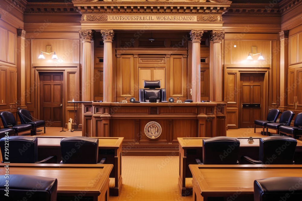courtroom interior without people with wooden furniture and black ...