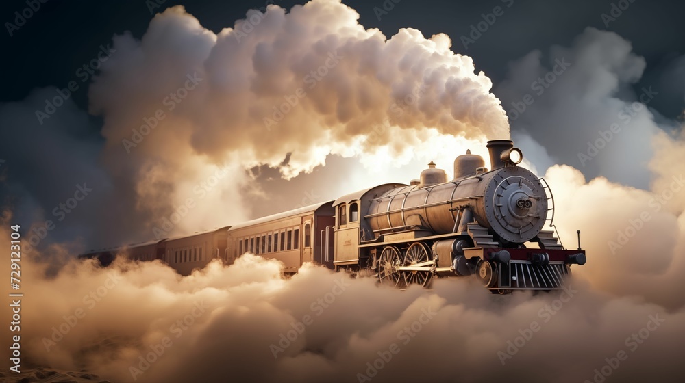 Steam locomotive emitting puffs of white smoke. Steam train with white ...