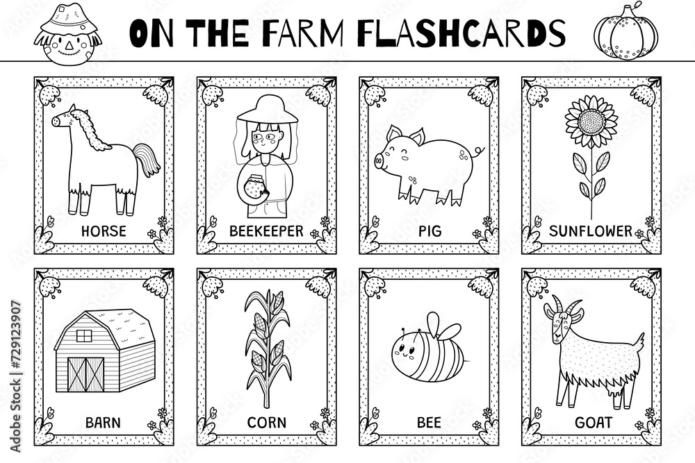 On the farm flashcards black and white collection. Flash cards for ...