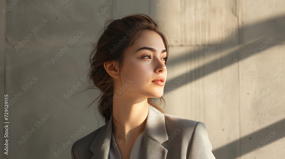 Half body portrait of a businesswoman with long dark brown hair tied up ...