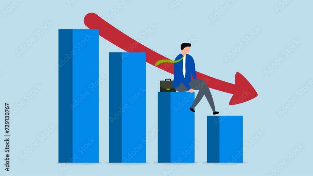 Economic recession, 4k animation of business owner seated on a falling ...