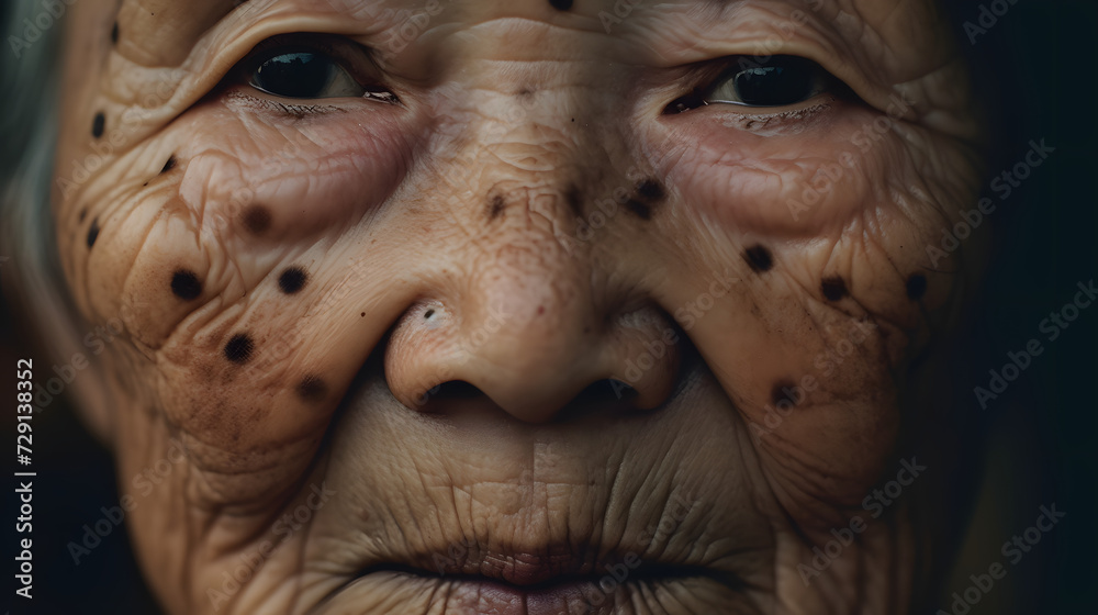 Small brown patches called age spots on face of Asian elder woman. They ...