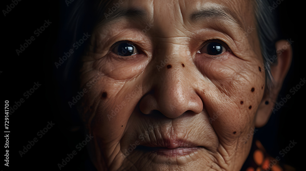 Small brown patches called age spots on face of Asian elder woman. They ...