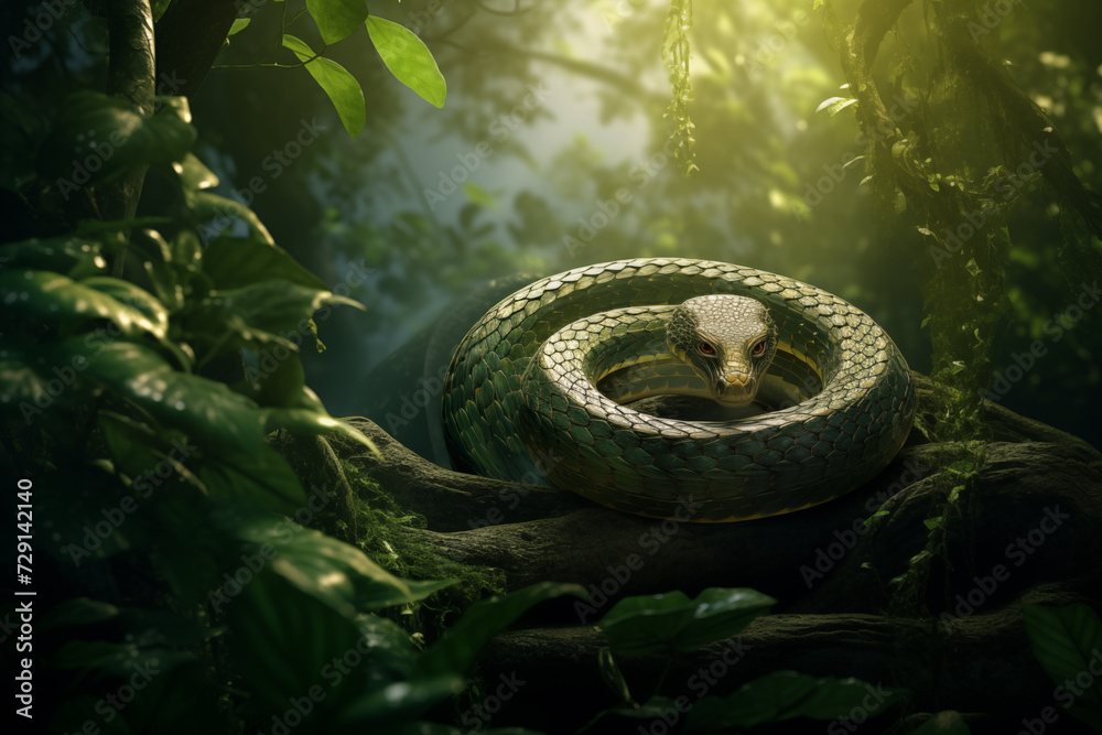 A green snake coiled around a tree trunk, with leaves and vines ...