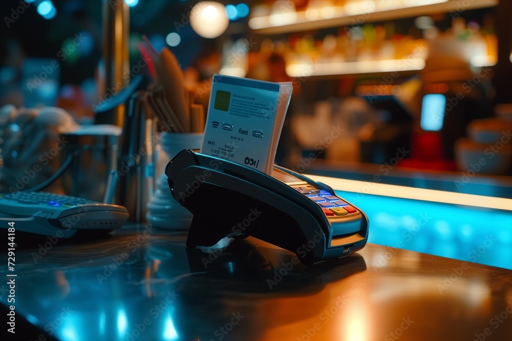 contactless payment terminal. Cashless payments. Bank card. Money of ...