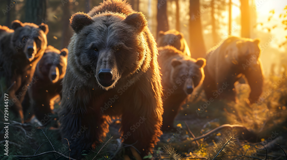 Grizzly bear family walking towards the camera in the forest with ...