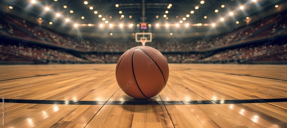 Basketball game arena stadium court with spotlight and ball, copy space ...
