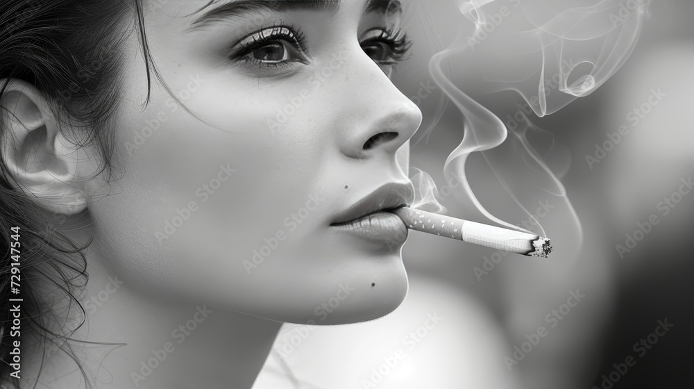 Dramatic close up portrait of a woman smoking a cigarette with moody ...