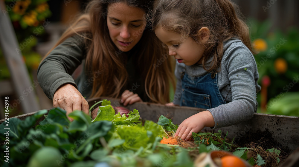 Mother and daughter composting food waste in garden Stock Photo | Adobe ...