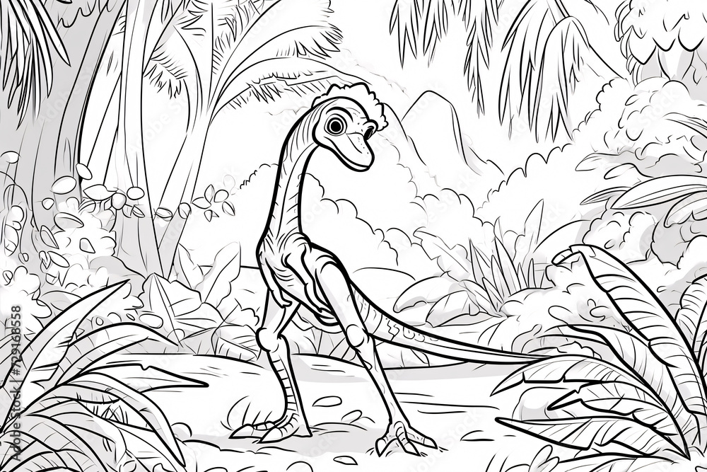 Compsognathus Dinosaur Black White Linear Doodles Line Art Coloring ...
