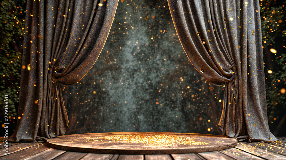 Dramatic theater stage with red curtains and spotlights, creating an ...