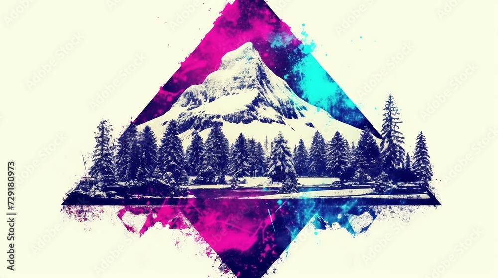 mountain abstract collage, vibrant art, snow-capped peak with trees and ...