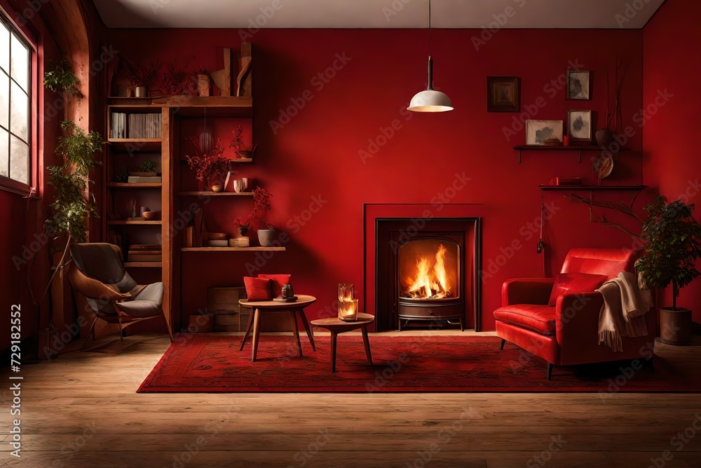 interior of there room with red background in the fire background with ...