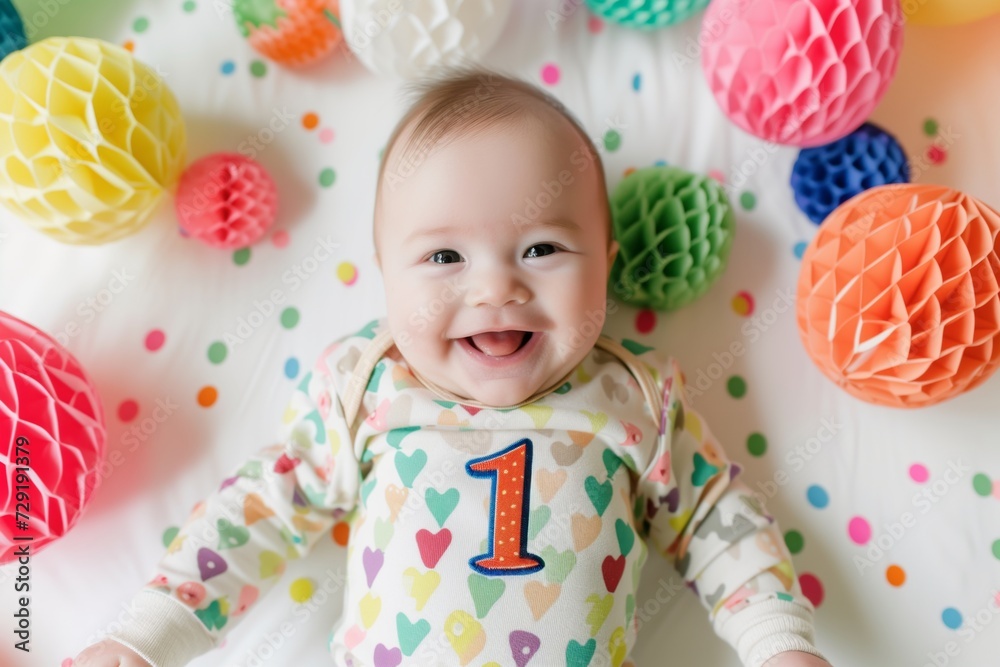 smiling baby in a onesie with number 1 surrounded by birthday ...