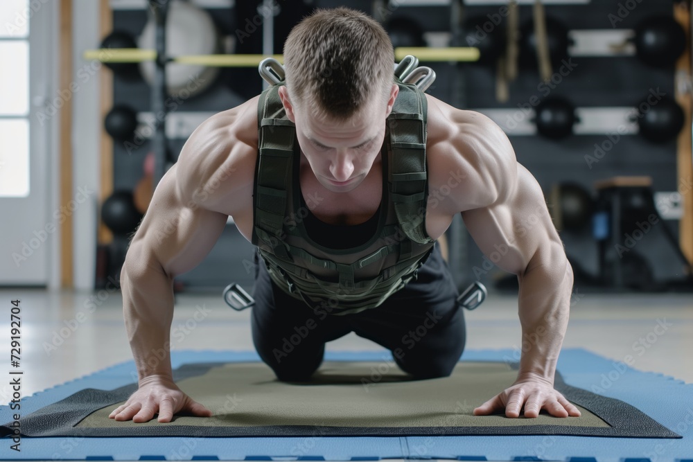 bodybuilder with weighted vest doing pushups on mat Stock Photo | Adobe ...