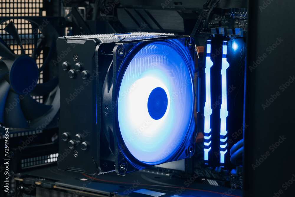 Computer fan. DDR4. Modern case cooling system. Air-cooled gaming PC ...