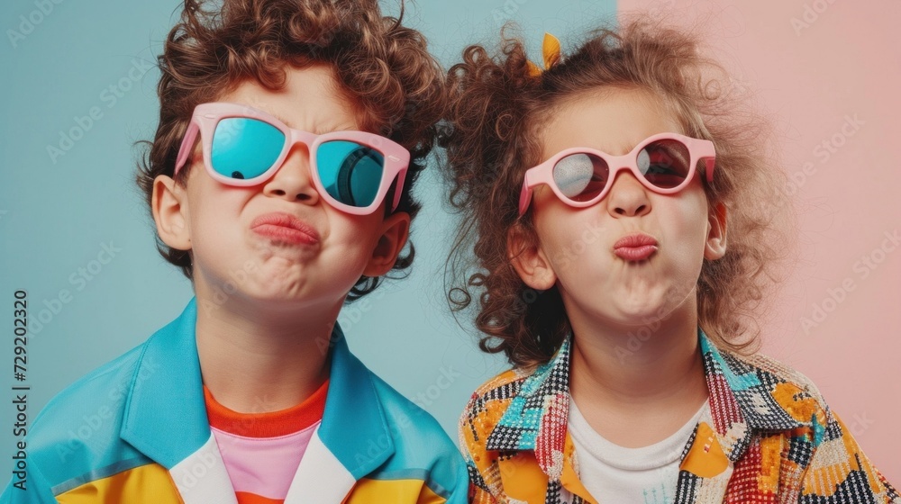 Two young children with curly hair wearing oversized pink sunglasses ...