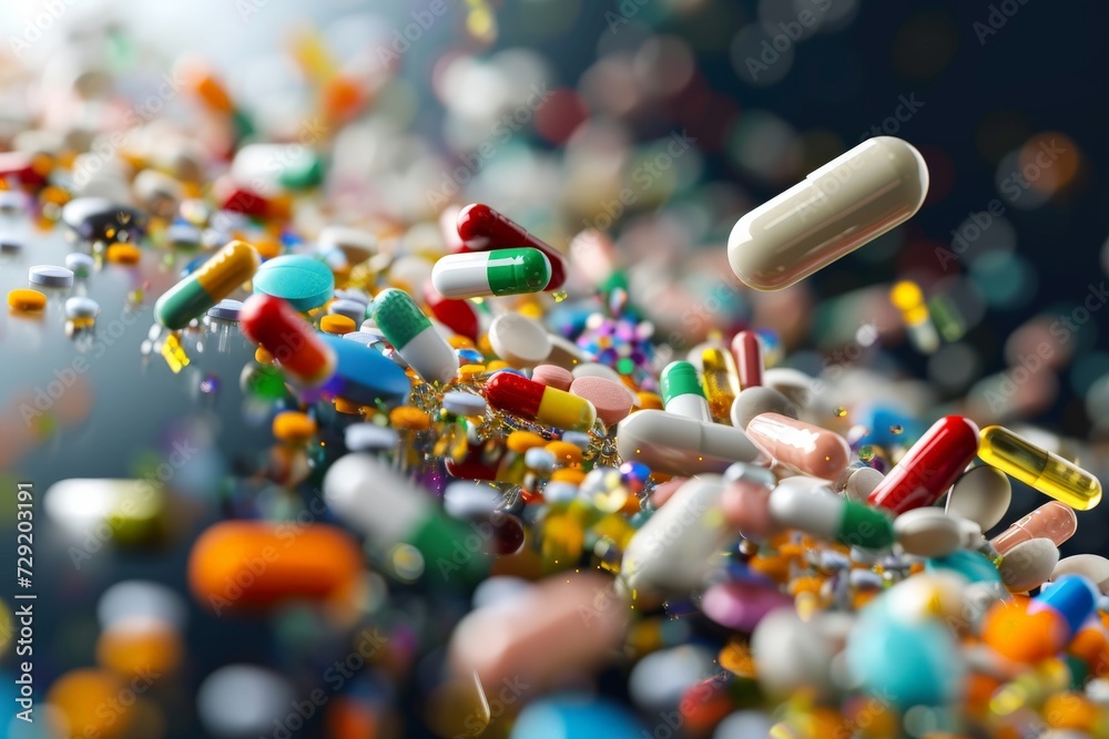 Medical capsules, pills, colored tablets healthcare. Isolated white ...