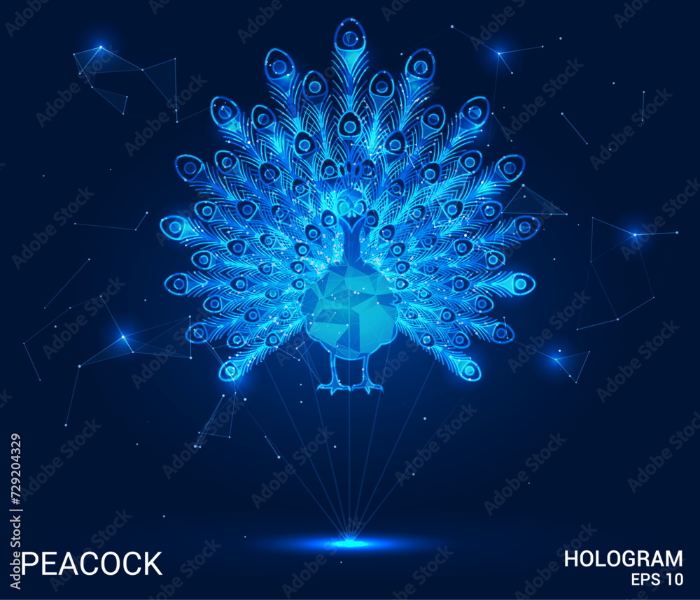The peacock hologram. A peacock made of polygons, triangles of dots and ...
