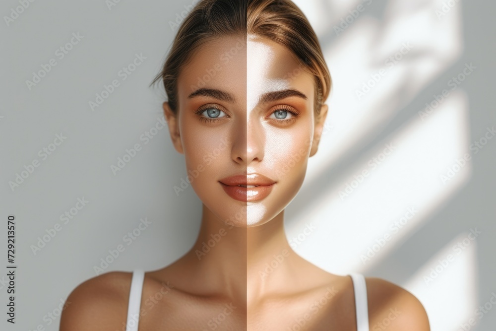 A woman's face is split in half, revealing contrasting emotions. This ...