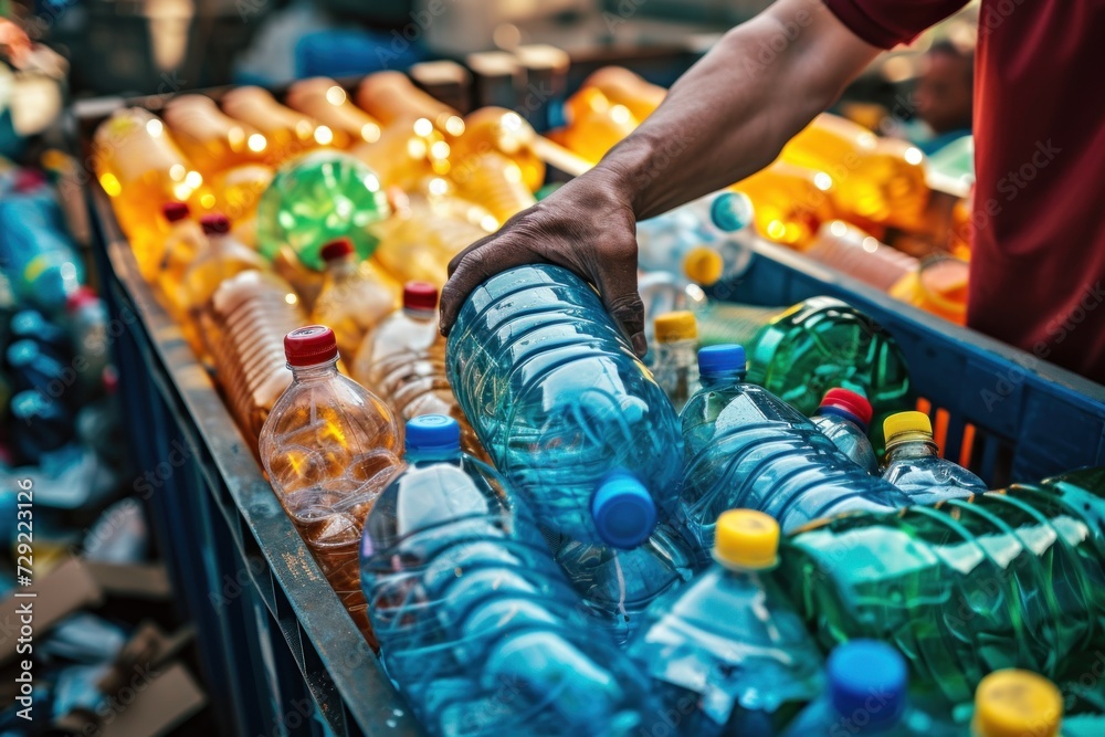 Worker sorting plastic bottles at recycling facility, holding clear ...