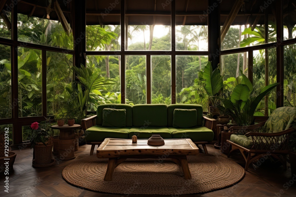 green eco interior of lodge hotel with tropical plants in the jungle ...