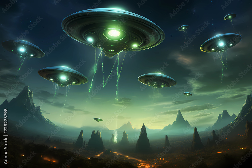 Flying saucers on an uninhabited planet. Alien invasion. Group of ...