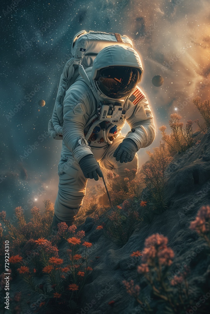 A conceptual photo of an astronaut planting a flag on a newly ...