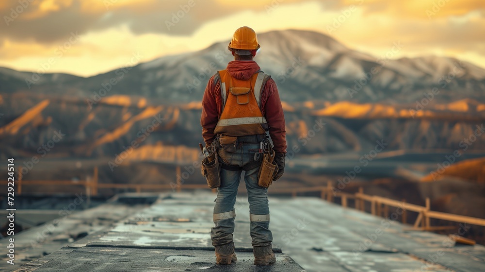 warm colors, Back view of construction worker wearing safety uniform ...