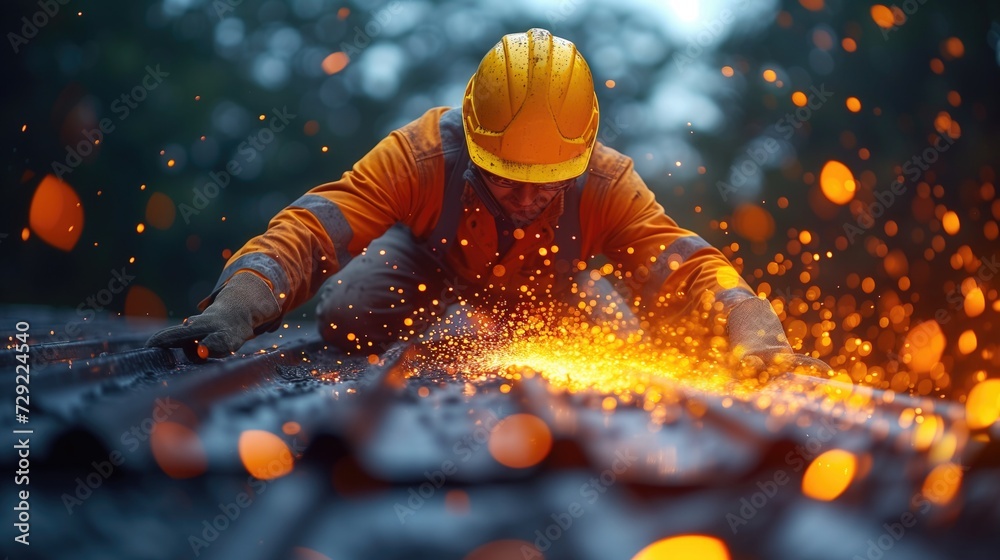 warm colors, construction worker wearing safety uniform during working ...