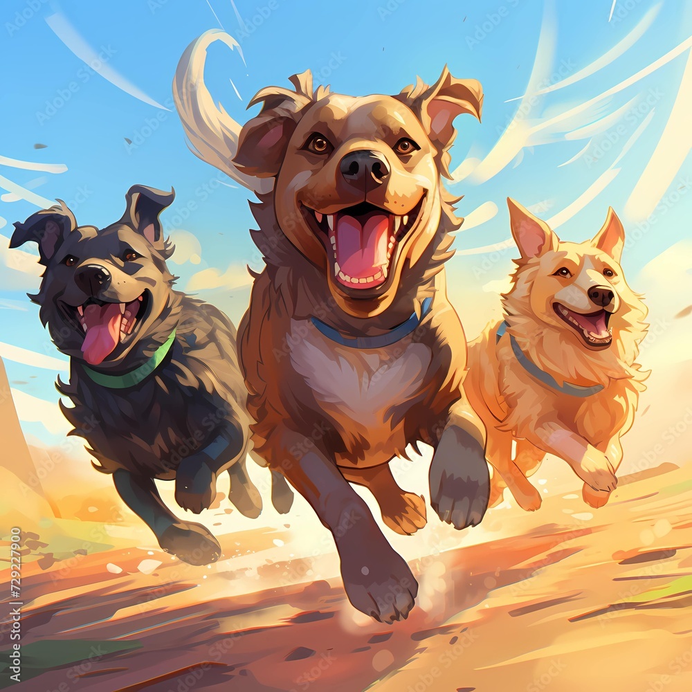 Medium shot focusing on a group of dogs of various sizes and breeds ...