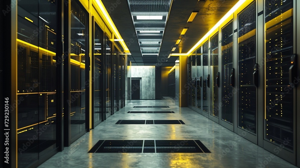 Modern Data Technology Center Server Racks in Dark Room with VFX ...