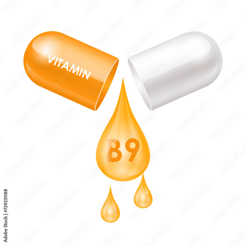 Capsule vitamin B9 (Thiamine) Isolated on cut out PNG. Structure orange ...