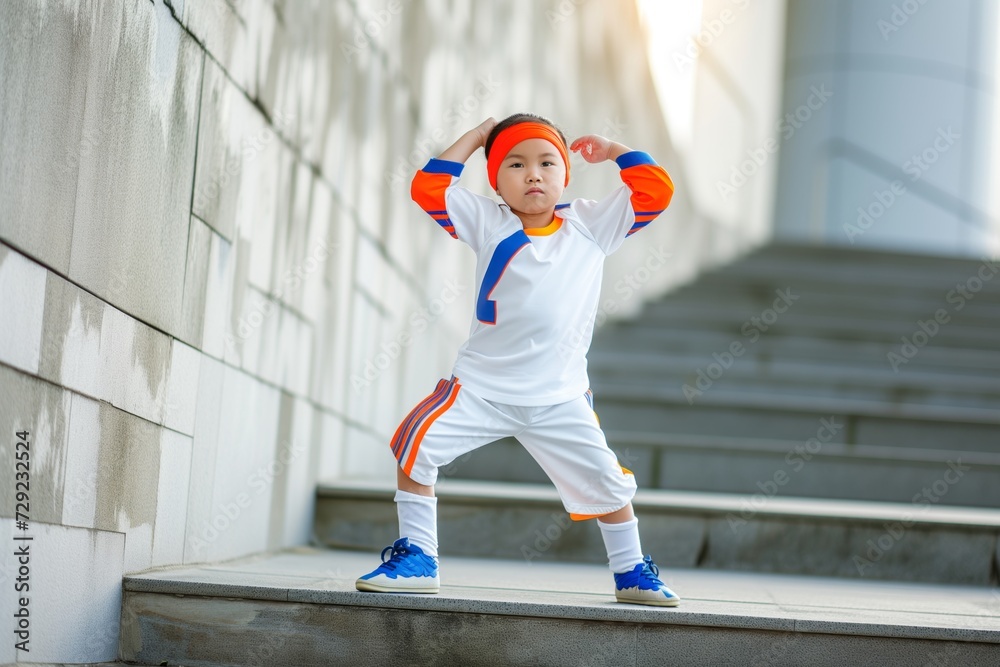 child dressed in mini uniform mimicking famous athletes pose Stock ...