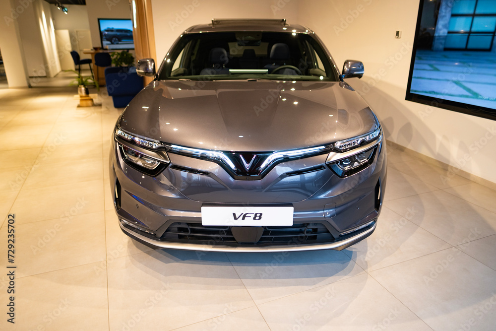new grey Vinfast electric car, crossover in showroom, trends EV in ...